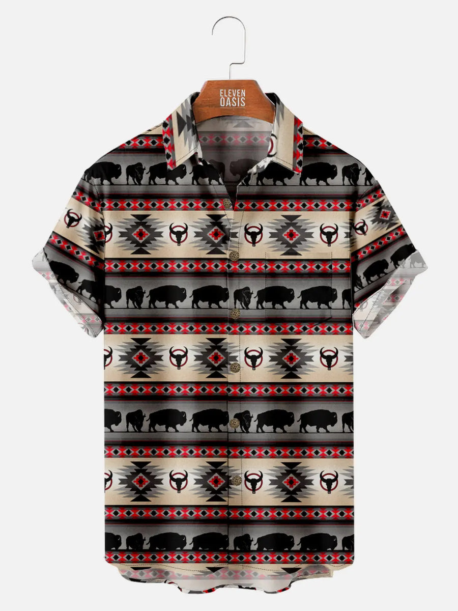 Men's Western Aztec Print Buffalo Short Sleeve Shirt – Eleven Oasis