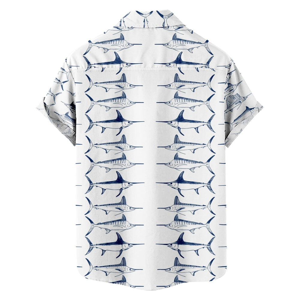 Men's Hand-drawn Swordfish Pattern Shirt with Chest Pocket – Eleven Oasis