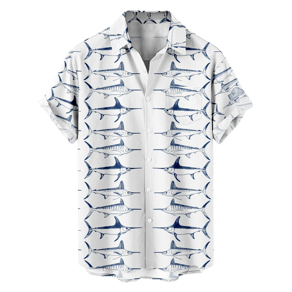 Men's Hand-drawn Swordfish Pattern Shirt with Chest Pocket – Eleven Oasis